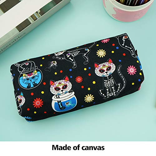 LParkin Day of the Dead Cats Pencil Case Gadget Box Dia de los Muertos Bag Sugar Skull Cats Bag Toiletry Zip Pouch Rockabilly Bag Makeup Cosmetic Stationary