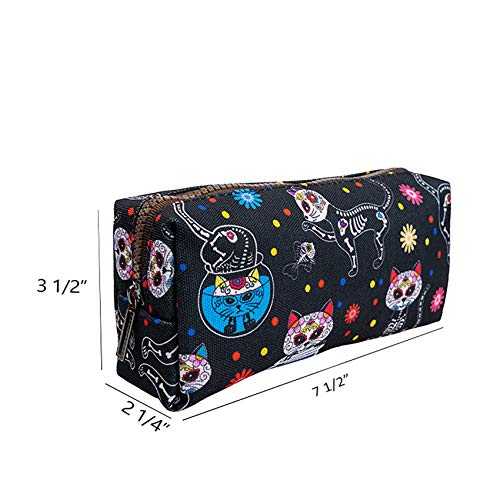 LParkin Day of the Dead Cats Pencil Case Gadget Box Dia de los Muertos Bag Sugar Skull Cats Bag Toiletry Zip Pouch Rockabilly Bag Makeup Cosmetic Stationary