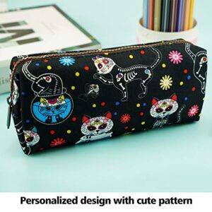 LParkin Day of the Dead Cats Pencil Case Gadget Box Dia de los Muertos Bag Sugar Skull Cats Bag Toiletry Zip Pouch Rockabilly Bag Makeup Cosmetic Stationary