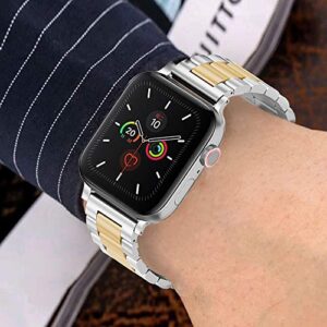 U191U Band Compatible with Apple Watch Stainless Steel Wristband Metal Buckle Clasp iWatch 38mm 40mm 41mm Strap Bracelet for Apple Watch Series 7/6/5/4/3/2/1 Sports Edition (Silver/Gold, 38/40/41MM)