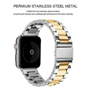 U191U Band Compatible with Apple Watch Stainless Steel Wristband Metal Buckle Clasp iWatch 38mm 40mm 41mm Strap Bracelet for Apple Watch Series 7/6/5/4/3/2/1 Sports Edition (Silver/Gold, 38/40/41MM)