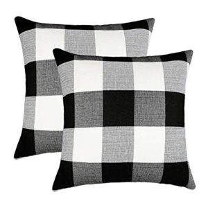 4th emotion set of 2 farmhouse buffalo check plaid throw pillow covers cushion case polyester linen for fall home decor black and white, 18 x 18 inches