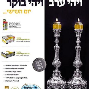 SHABBOS OIL CANDLE LIGHT. Pre-Filled (for quick lighting) Beautiful High Flame, (throughout the entire time) SEALED, NO SPIL, NO MESS, 100% Extra Virgin Olive Oil Burns Approx. 6 Hrs 22 per pack