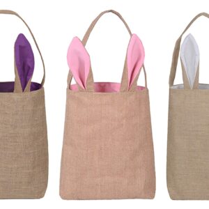 KEFAN 3 Pack Easter Bunny Bags Easter Bunny Baskets Jute Burlap Bunny Ear Tote Bags