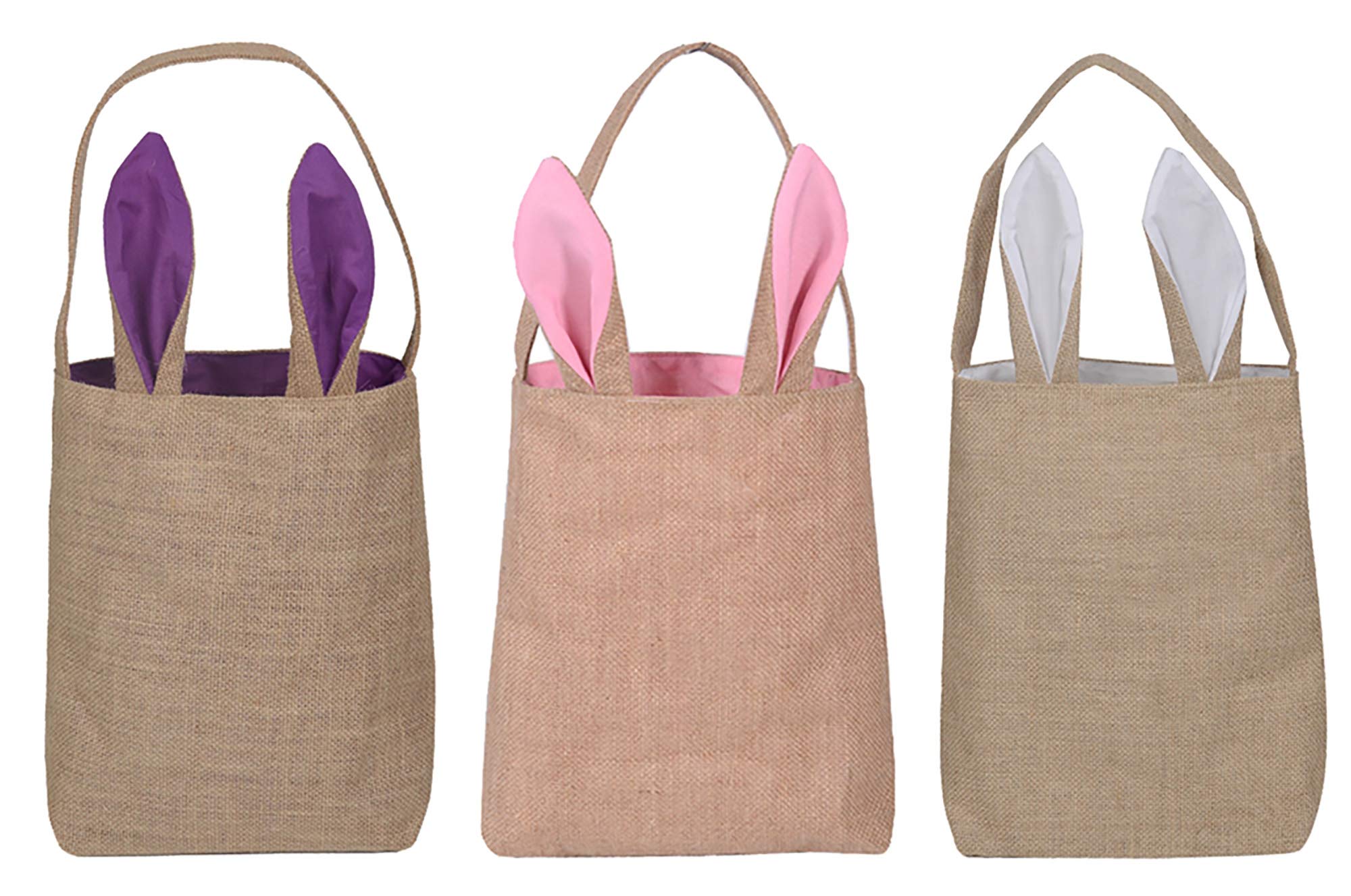 KEFAN 3 Pack Easter Bunny Bags Easter Bunny Baskets Jute Burlap Bunny Ear Tote Bags