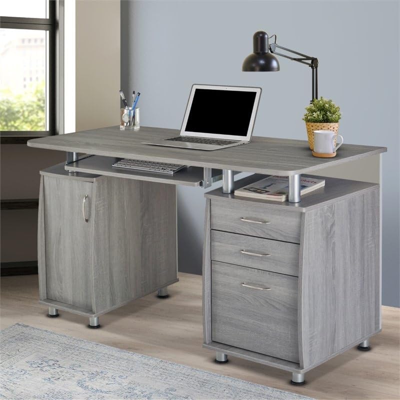 Pemberly Row 48" Wide Home Office Computer Desk in Gray with CPU Storage Cabinet and Hanging File Cabinet, Grey