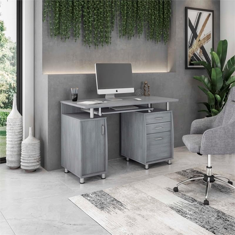 Pemberly Row 48" Wide Home Office Computer Desk in Gray with CPU Storage Cabinet and Hanging File Cabinet, Grey