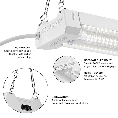 Maxxima 4 ft. Utility LED Motion Sensor Shop Light Fixture, 40 Watt, Linkable, Clear Lens 5000K Daylight 4600 Lumens, Plug in, Hardware Included, LED Garage Light Energy Star