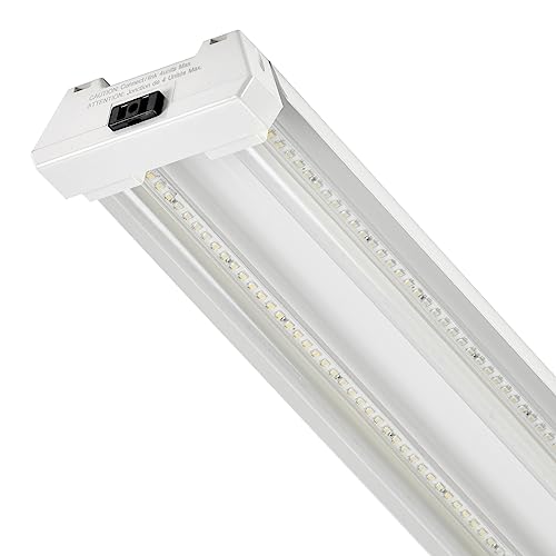 Maxxima 4 ft. Utility LED Motion Sensor Shop Light Fixture, 40 Watt, Linkable, Clear Lens 5000K Daylight 4600 Lumens, Plug in, Hardware Included, LED Garage Light Energy Star