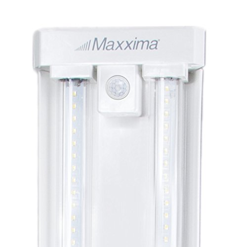 Maxxima 4 ft. Utility LED Motion Sensor Shop Light Fixture, 40 Watt, Linkable, Clear Lens 5000K Daylight 4600 Lumens, Plug in, Hardware Included, LED Garage Light Energy Star