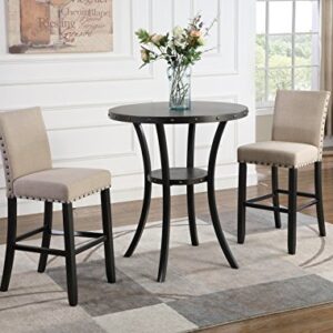 Roundhill Furniture Biony 3 Piece Set - 36" Round Espresso Bar Table with Nail Head Stools, Tan