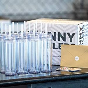 STRATA CUPS SKINNY TUMBLERS 12 Clear Acrylic Tumblers with Lids and Straws | Skinny, 16oz Double Wall Clear Plastic Tumblers With FREE Straw Cleaner & Name Tags! Reusable Cup With Straw (Clear, 12)