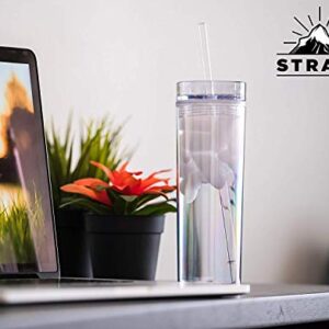 STRATA CUPS SKINNY TUMBLERS 12 Clear Acrylic Tumblers with Lids and Straws | Skinny, 16oz Double Wall Clear Plastic Tumblers With FREE Straw Cleaner & Name Tags! Reusable Cup With Straw (Clear, 12)