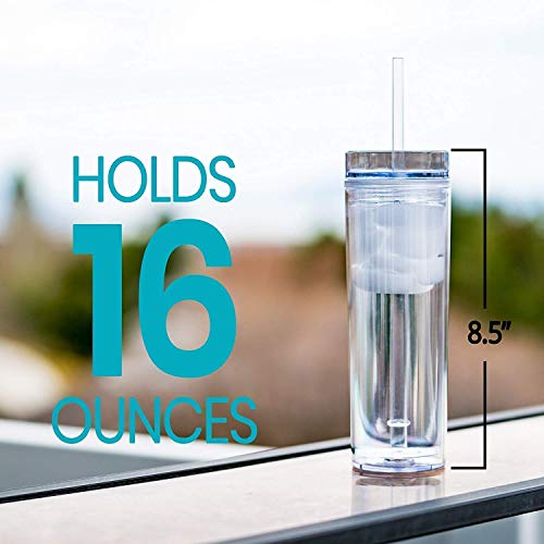 STRATA CUPS SKINNY TUMBLERS 12 Clear Acrylic Tumblers with Lids and Straws | Skinny, 16oz Double Wall Clear Plastic Tumblers With FREE Straw Cleaner & Name Tags! Reusable Cup With Straw (Clear, 12)