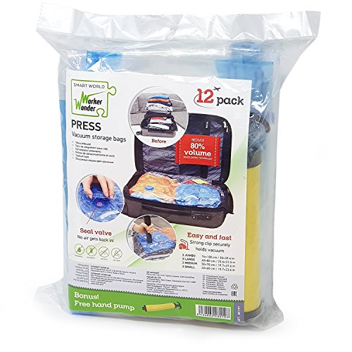 WonderWorker Press, 12 Vacuum Storage Bags, Nearly 80% More Compression Than Other Brands, Storage Bags for Bedding, Pillow, Blankets, Clothes etc.