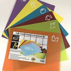 Set of 6 Color Coded Flexible Plastic Cutting Boards for Kitchen with Food Logos (12x15") - BPA Free, Anti-Slip