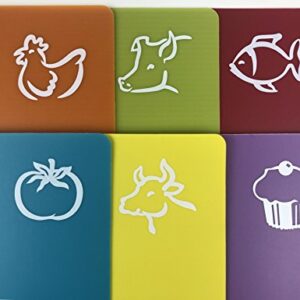 Set of 6 Color Coded Flexible Plastic Cutting Boards for Kitchen with Food Logos (12x15") - BPA Free, Anti-Slip