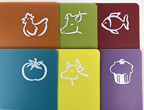 Set of 6 Color Coded Flexible Plastic Cutting Boards for Kitchen with Food Logos (12x15") - BPA Free, Anti-Slip