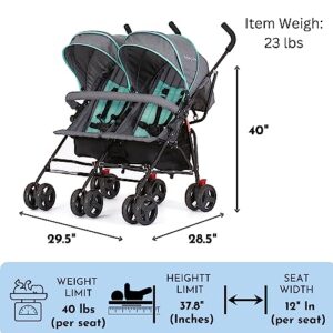 Dream On Me Volgo Twin Umbrella Stroller in Mint, Lightweight Double Stroller for Infant & Toddler, Compact Easy Fold, Large Storage Basket, Large and Adjustable Canopy