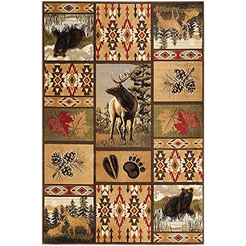 Champion Rugs Wildlife Nature Bear and Elk Scene Lodge Cabin Area Rug (3 Feet 10 Inch X 5 Feet 2 Inch)