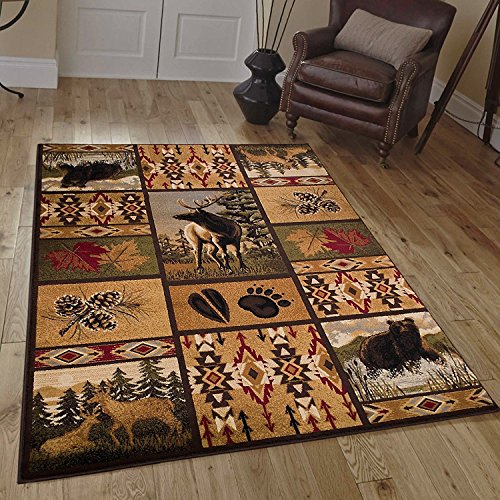 Champion Rugs Wildlife Nature Bear and Elk Scene Lodge Cabin Area Rug (3 Feet 10 Inch X 5 Feet 2 Inch)