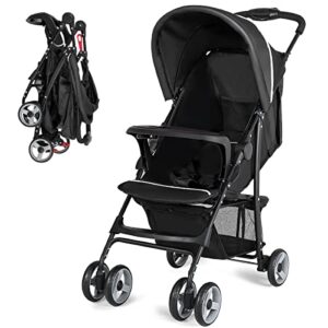 baby joy lightweight stroller, compact toddler travel stroller for airplane, infant stroller w/adjustable backrest/footrest/canopy, 5-point harness, storage basket, easy one-hand fold, black