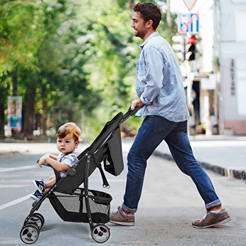 Baby Joy Lightweight Stroller, Compact Toddler Travel Stroller for Airplane, Infant Stroller w/Adjustable Backrest/Footrest/Canopy, 5-Point Harness, Storage Basket, Easy One-Hand Fold, Black