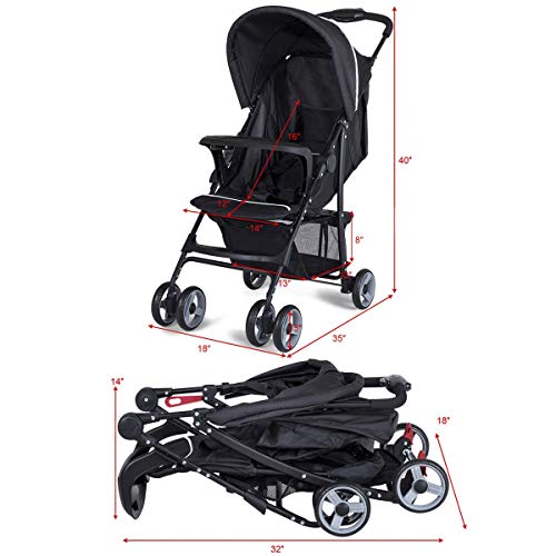 Baby Joy Lightweight Stroller, Compact Toddler Travel Stroller for Airplane, Infant Stroller w/Adjustable Backrest/Footrest/Canopy, 5-Point Harness, Storage Basket, Easy One-Hand Fold, Black