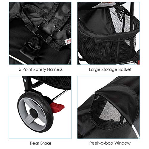 Baby Joy Lightweight Stroller, Compact Toddler Travel Stroller for Airplane, Infant Stroller w/Adjustable Backrest/Footrest/Canopy, 5-Point Harness, Storage Basket, Easy One-Hand Fold, Black