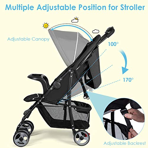 Baby Joy Lightweight Stroller, Compact Toddler Travel Stroller for Airplane, Infant Stroller w/Adjustable Backrest/Footrest/Canopy, 5-Point Harness, Storage Basket, Easy One-Hand Fold, Black