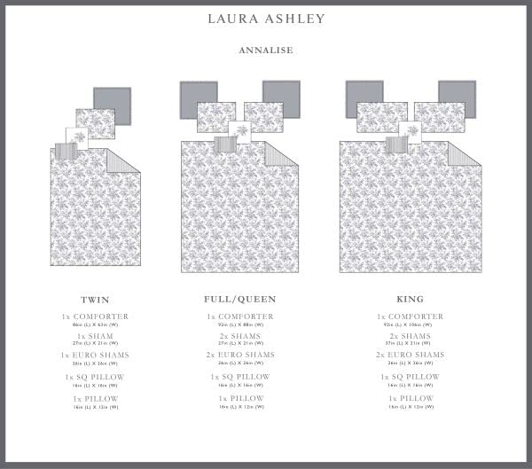 Laura Ashley Home - Queen Comforter Set, Reversible Cotton Bedding, Includes Matching Shams with Bonus Euro Shams & Throw Pillows (Annalise Grey, Queen), Shadow Grey/White