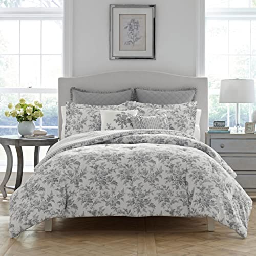 Laura Ashley Home - Queen Comforter Set, Reversible Cotton Bedding, Includes Matching Shams with Bonus Euro Shams & Throw Pillows (Annalise Grey, Queen), Shadow Grey/White