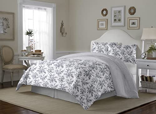 Laura Ashley Home - Queen Comforter Set, Reversible Cotton Bedding, Includes Matching Shams with Bonus Euro Shams & Throw Pillows (Annalise Grey, Queen), Shadow Grey/White