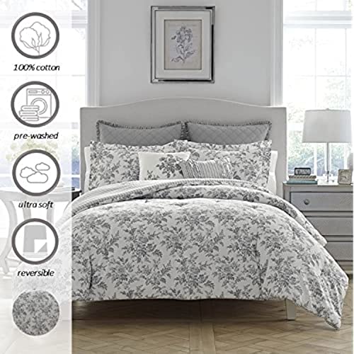 Laura Ashley Home - Queen Comforter Set, Reversible Cotton Bedding, Includes Matching Shams with Bonus Euro Shams & Throw Pillows (Annalise Grey, Queen), Shadow Grey/White