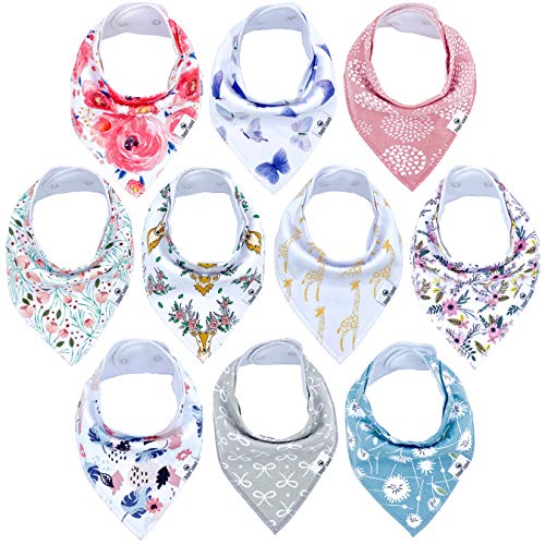 Diaper Squad 100% Organic Cotton Floral 10-Pack Baby Girl Drool Bandana Bibs Pink for Girls