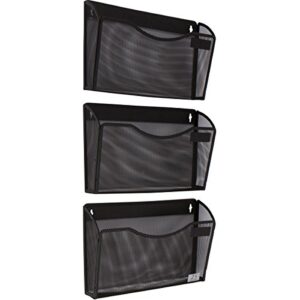 3 pocket wall mount file hanging organizer, metal mesh office home folder binder holder magazine mail sorter rack + hardware, black