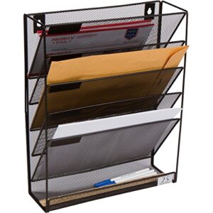 5 pocket wall mounted file hanging organizer metal mesh office home folder binder holder magazine mail rack + hardware, black