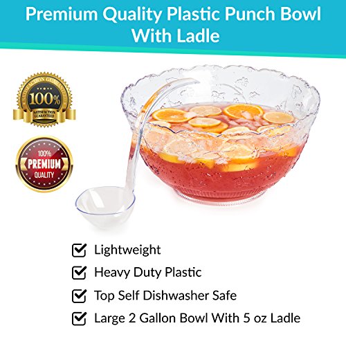 Premium Quality Plastic Punch Bowl With Ladle - Large 2 Gallon Bowl With 5 oz Ladle by Upper Midland Products