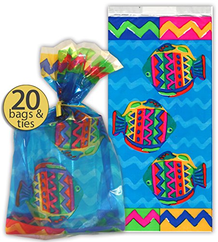 Set of 20 - Ocean Fish and Sea Party Favor Bags - Fish Treat Bags - Fish Party Supplies - Fish Cellophane Bags with Twist Ties