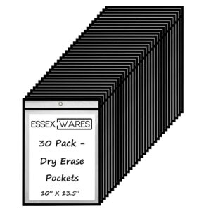 30 pack dry erase pockets – black – by essex wares – for teacher lessons in a classroom or for use at your home or office – 10” x 13.5” - fits standard paper