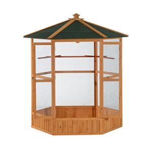 pawhut 69" large wooden hexagonal outdoor aviary flight bird cage with covered roof