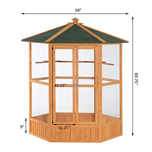 PawHut 69" Large Wooden Hexagonal Outdoor Aviary Flight Bird Cage with Covered Roof