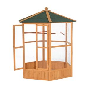 PawHut 69" Large Wooden Hexagonal Outdoor Aviary Flight Bird Cage with Covered Roof