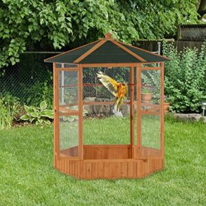 PawHut 69" Large Wooden Hexagonal Outdoor Aviary Flight Bird Cage with Covered Roof