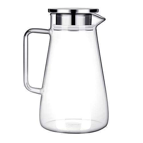 52 Ounces Borosilicate Glass Pitcher with Handle - Heat Resistant Water Carafe with Stainless Steel Lid - Large Beverage Pitcher for Homemade Juice and Iced Tea