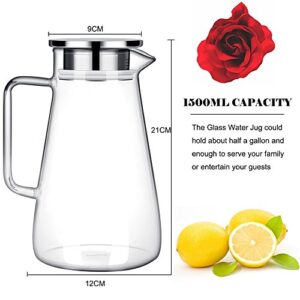 52 Ounces Borosilicate Glass Pitcher with Handle - Heat Resistant Water Carafe with Stainless Steel Lid - Large Beverage Pitcher for Homemade Juice and Iced Tea