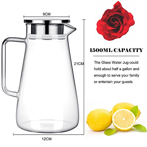 52 Ounces Borosilicate Glass Pitcher with Handle - Heat Resistant Water Carafe with Stainless Steel Lid - Large Beverage Pitcher for Homemade Juice and Iced Tea