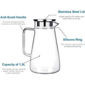 52 Ounces Borosilicate Glass Pitcher with Handle - Heat Resistant Water Carafe with Stainless Steel Lid - Large Beverage Pitcher for Homemade Juice and Iced Tea