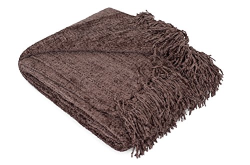 Internet’s Best Thick Chenille Throw Blankets - Ultra Soft Couch Blanket with Fringe - Light Weight Sofa Throw - 100% Microfiber Polyester - Easy Travel - Bed (Brown)