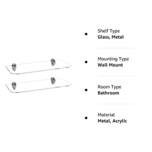 Jusalpha 2 Pack of Acrylic Glass Wall Mounted Floating Shelves with Metal Adjustable Shelf Bracket Wall Mount, 03 (12'' X 6'')